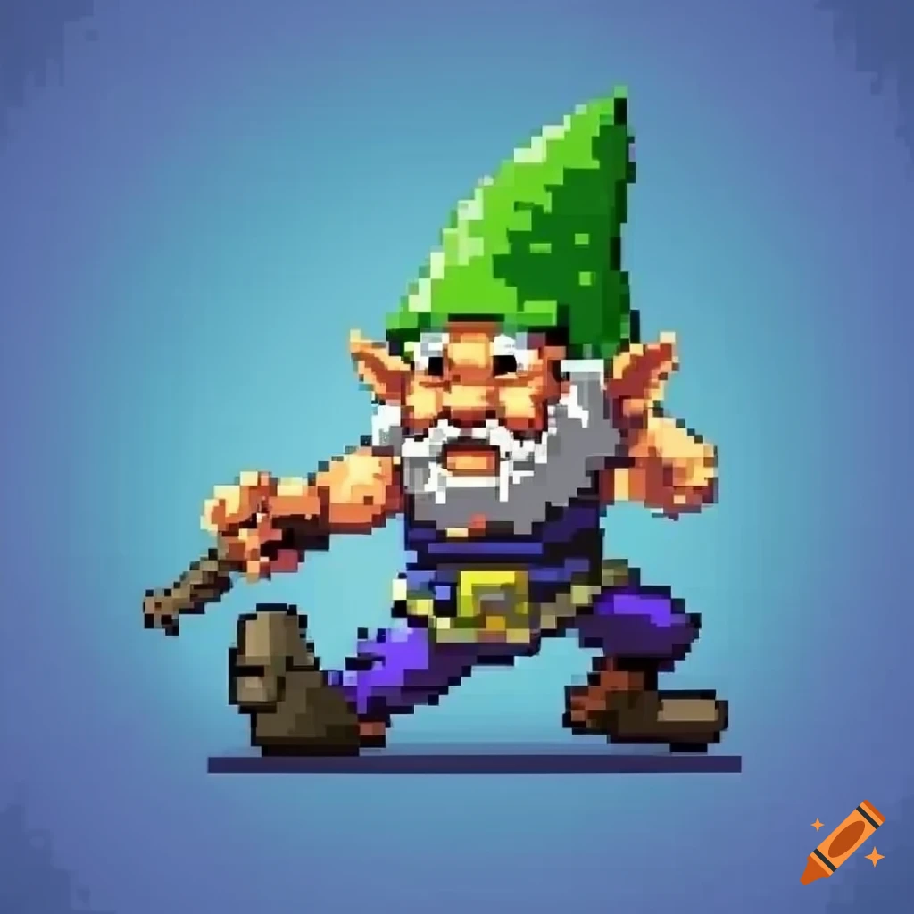 Pixel art of a brave garden gnome ready for battle