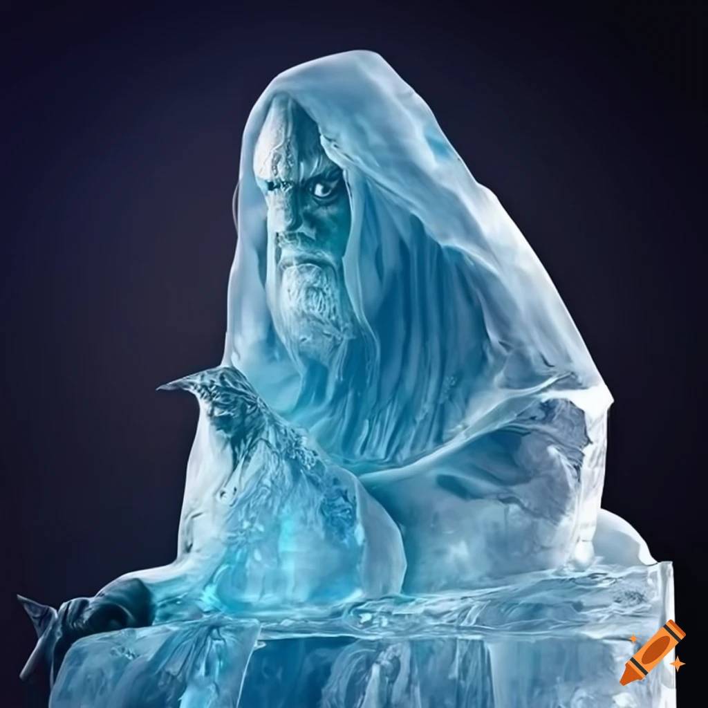 Photo realistic ice sculpture of a wizard on Craiyon