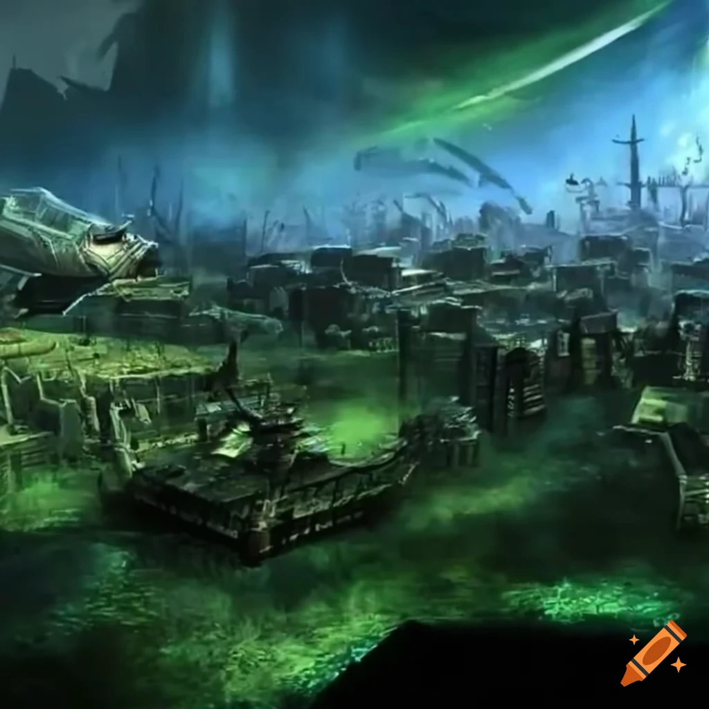 Detailed fantasy artwork of a tiberium infested city