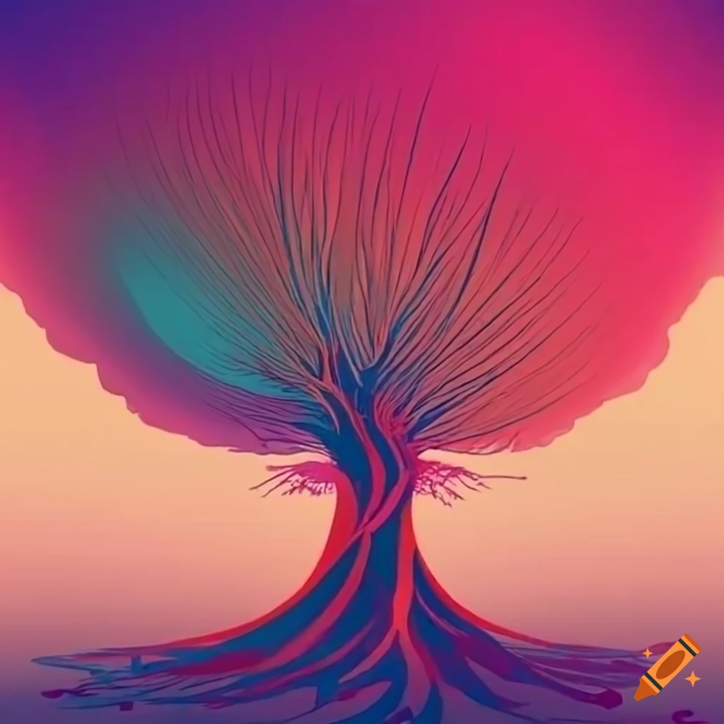 Artistic representation of a tree with red aura on Craiyon