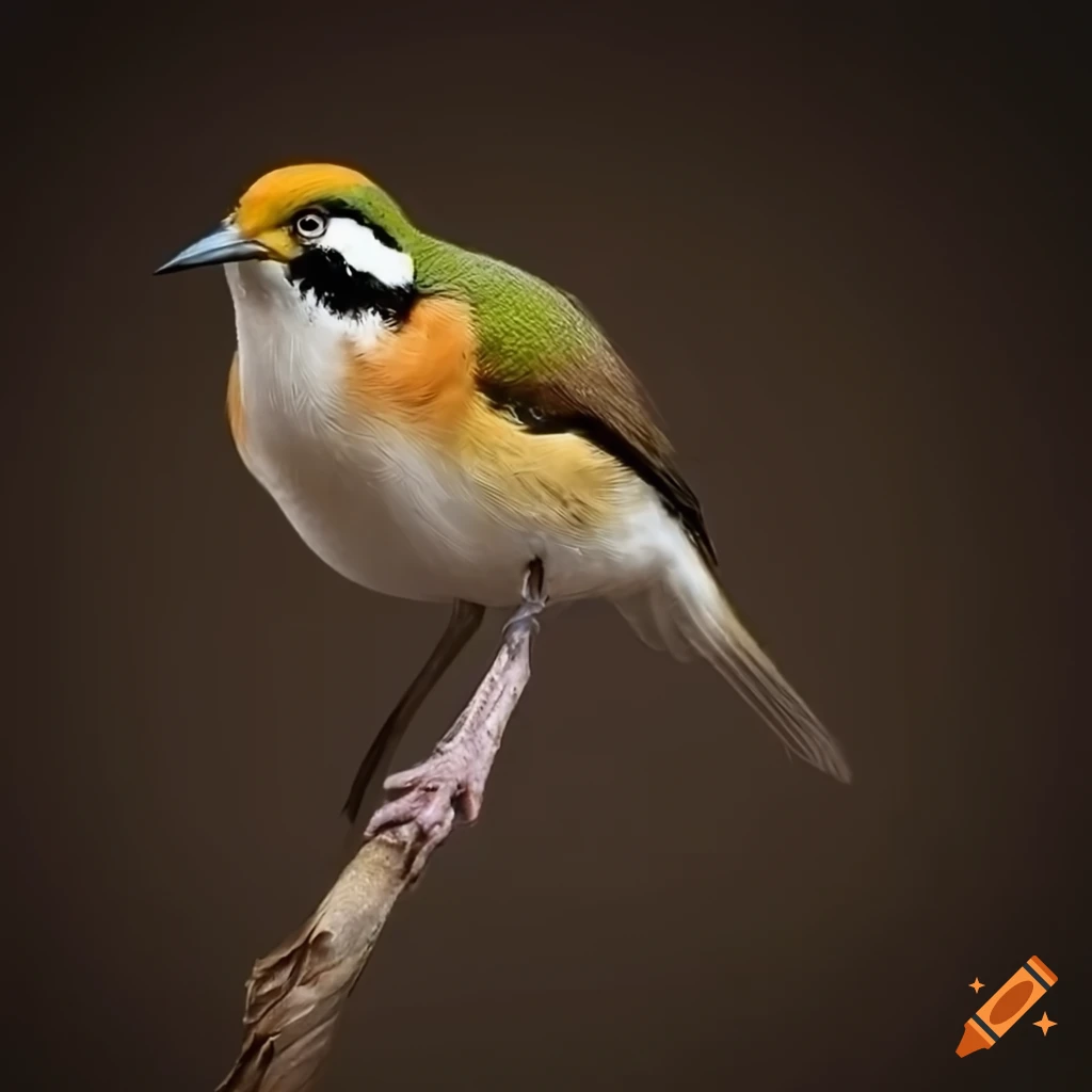 Bird with pig-like snout and curly tail on a branch