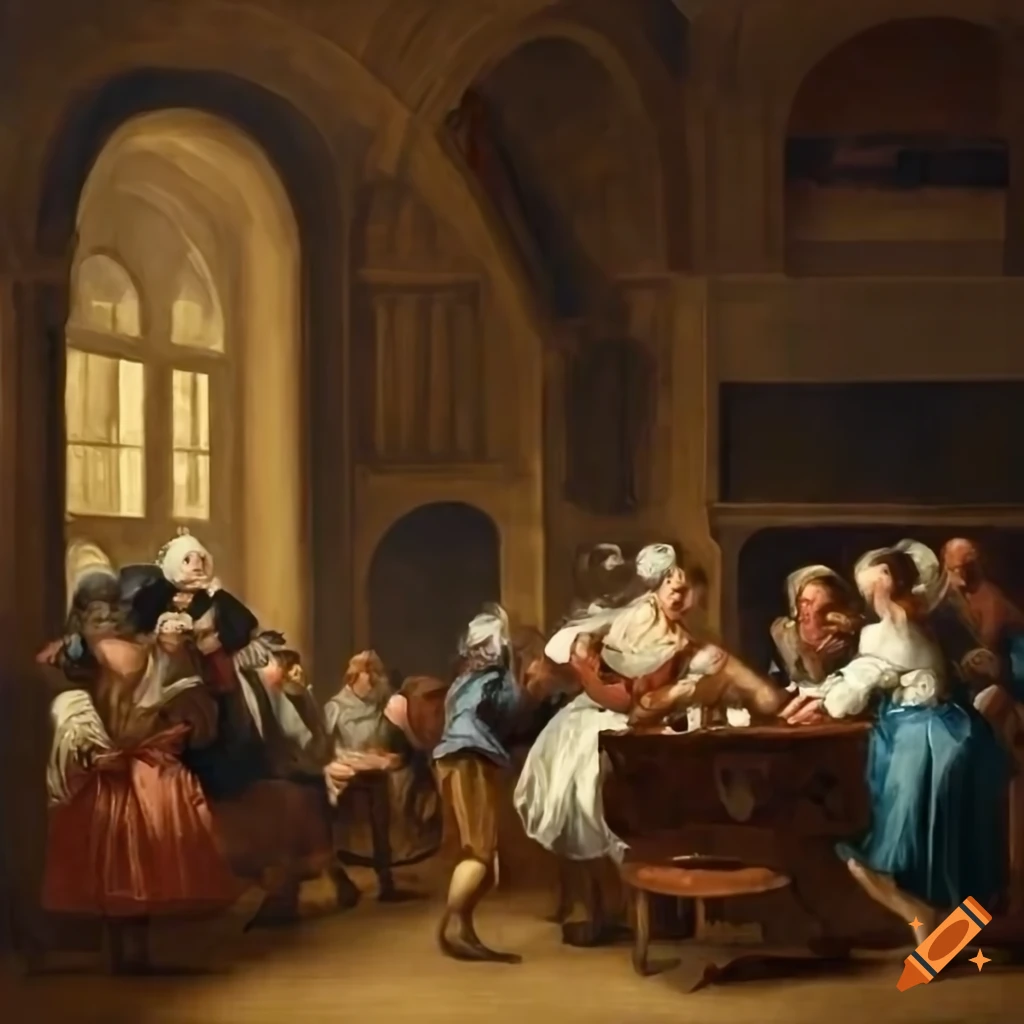 Baroque painting of a lively tavern interior on Craiyon