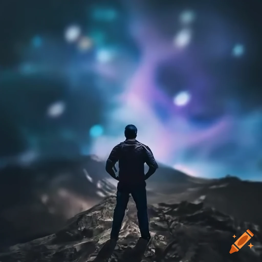 Dramatic artwork of a man observing the universe from a mountain on Craiyon