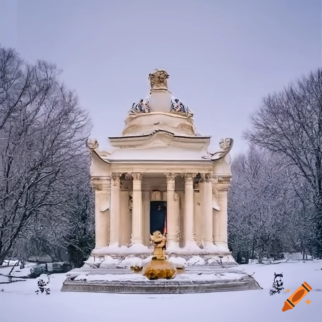 Neoclassical statue in a snowy tomb on Craiyon