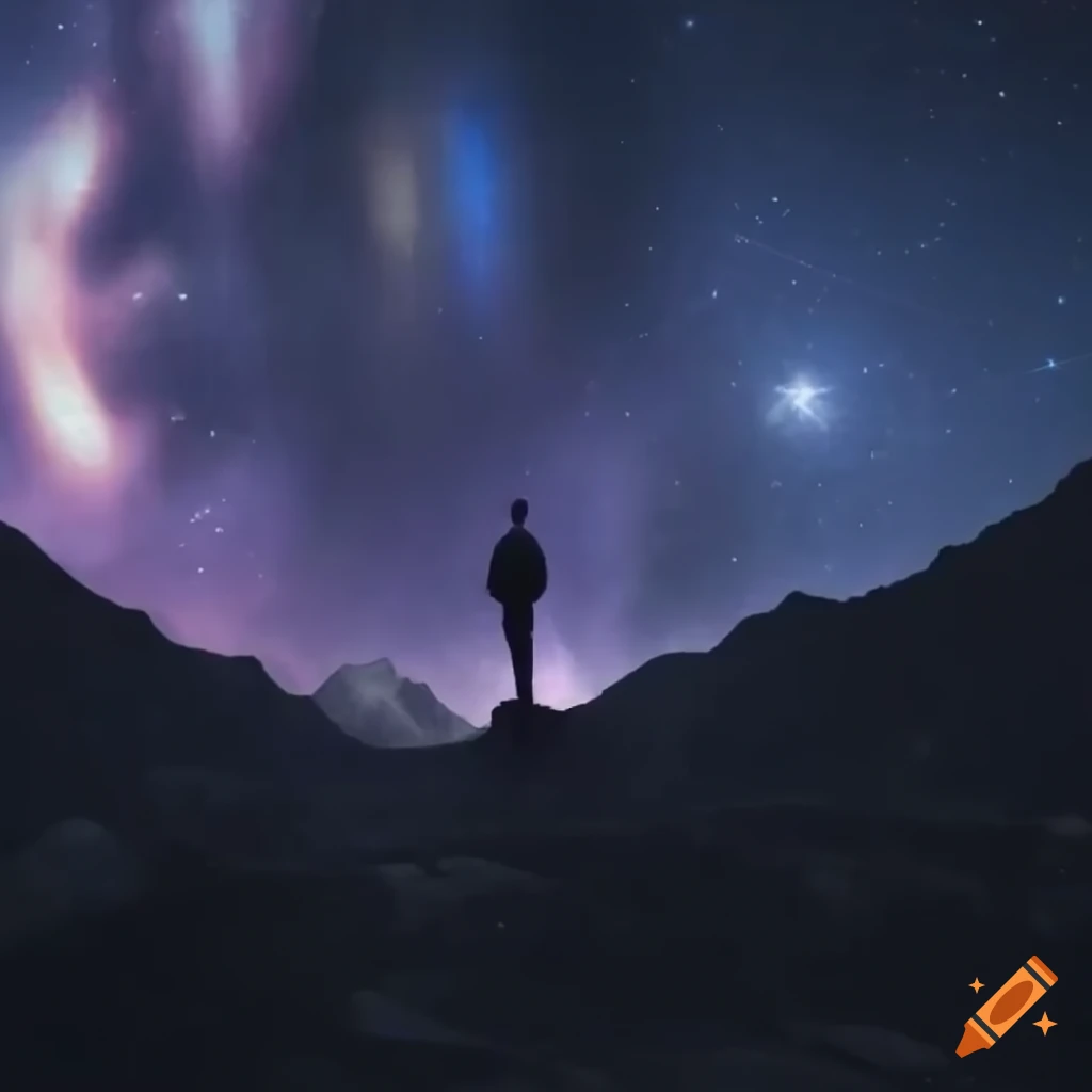 Dramatic artwork of a man observing the universe from a mountain on Craiyon