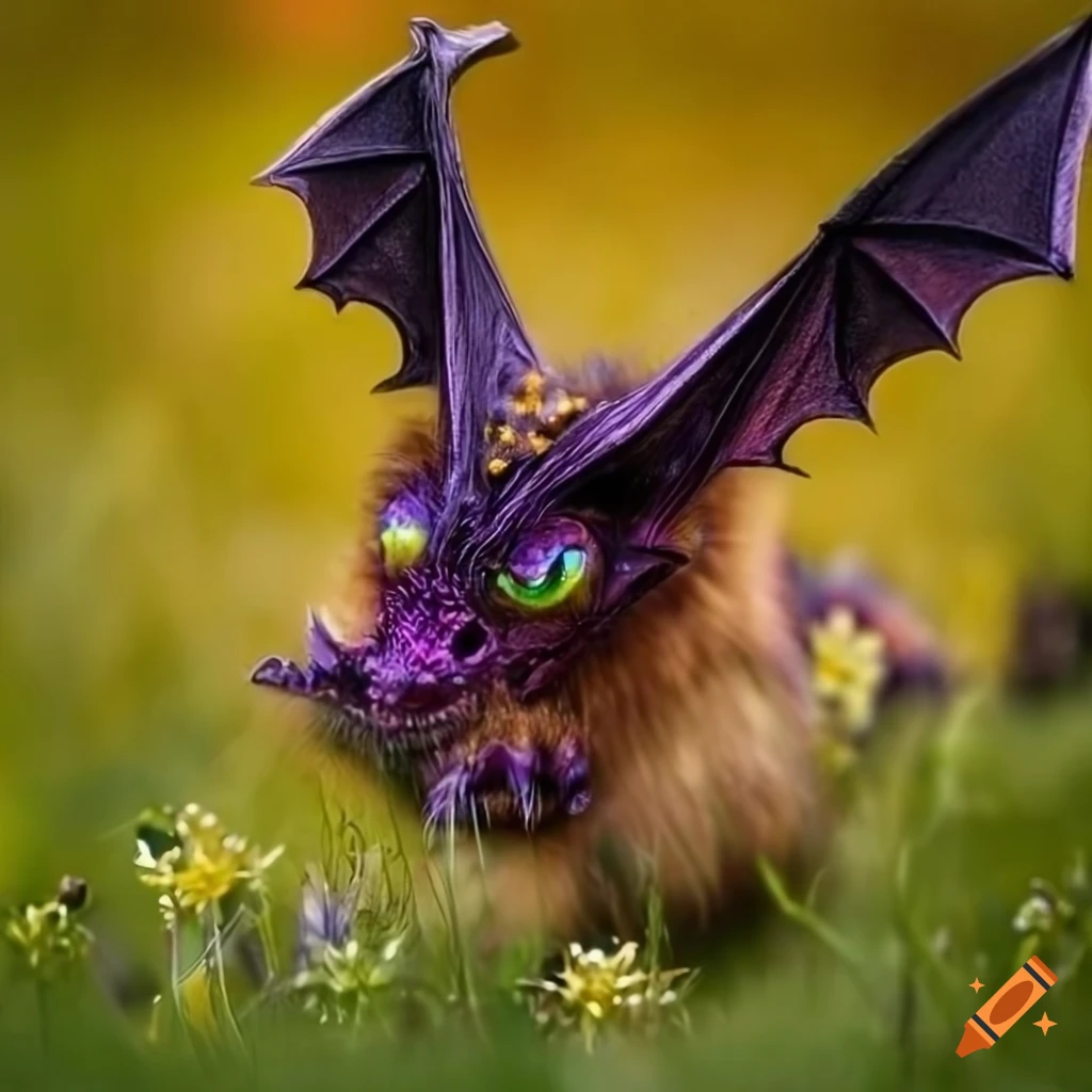 Fluffy dragon-halloween bat in a meadow of spring flowers on Craiyon