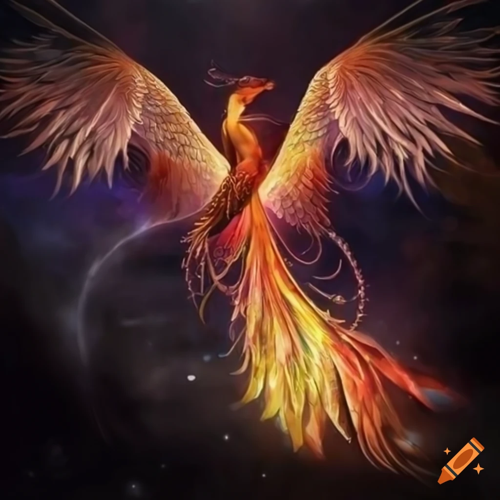 Artwork of a fairy phoenix in a magical realm