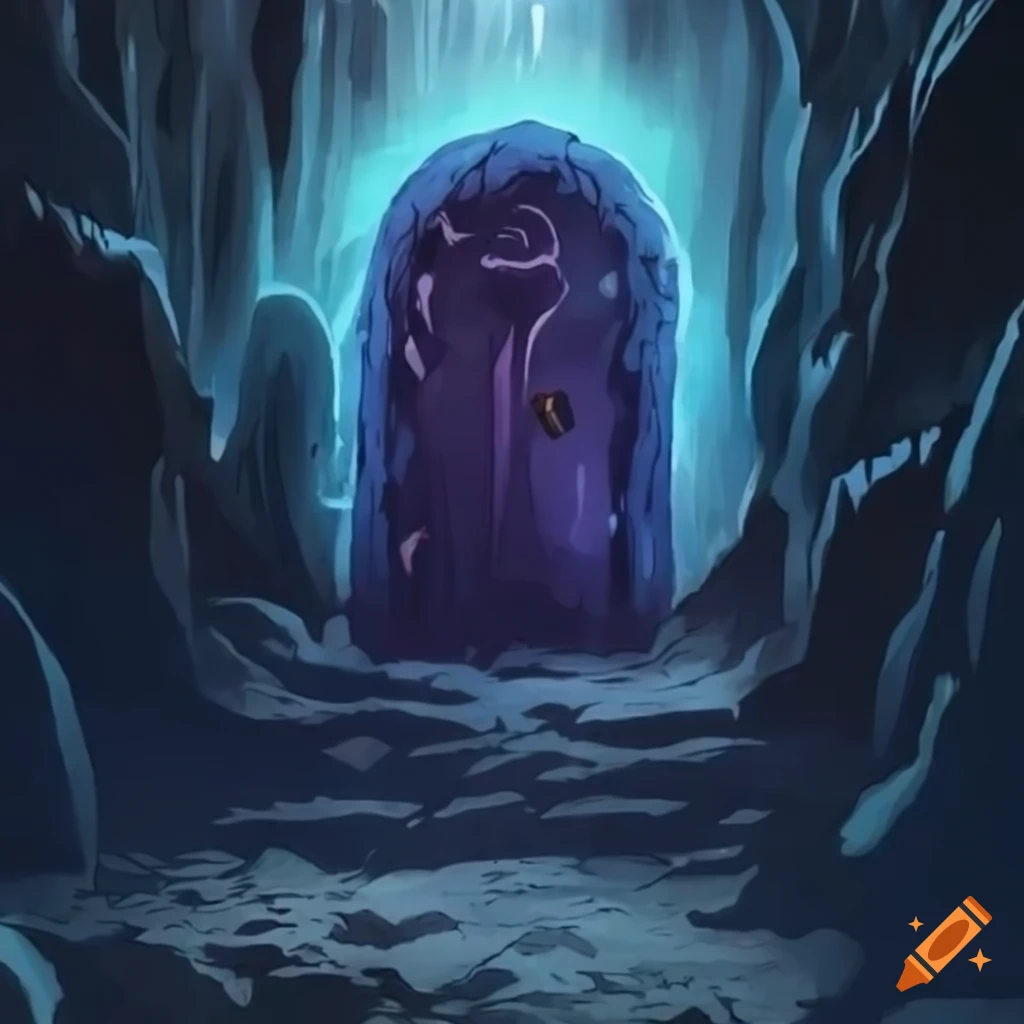 Detailed manga illustration of a door over a dark cave