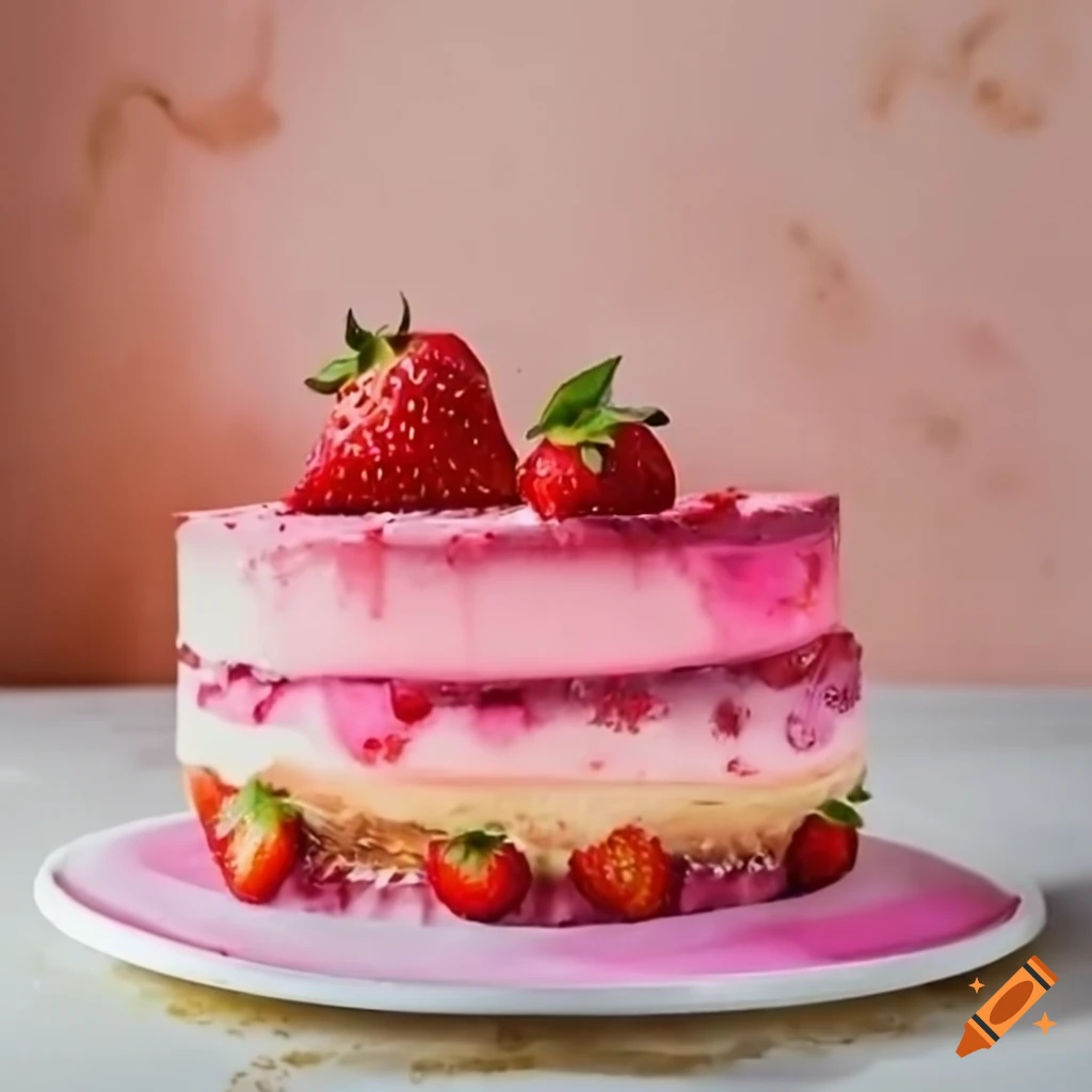Aquarelle of a pink strawberry cake with whipped cream