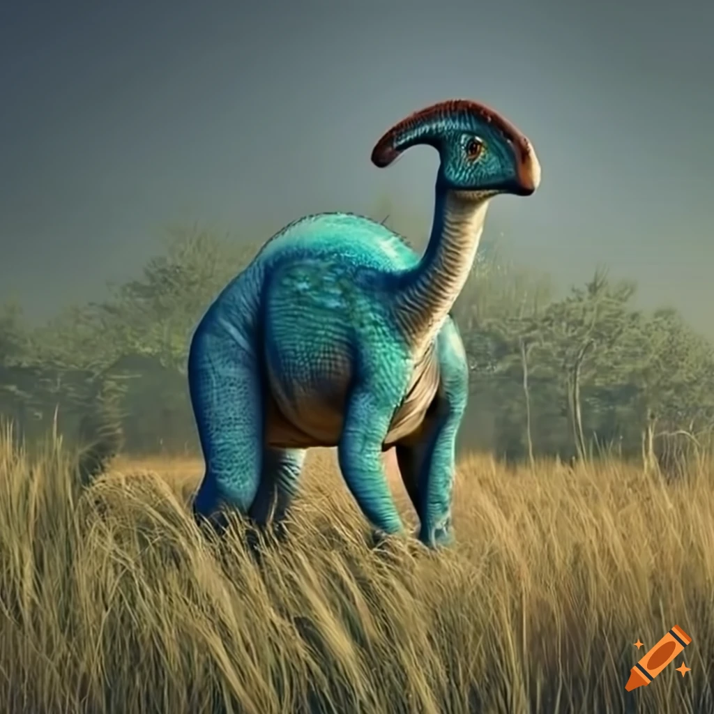 Blue parasaurolophus in tall grass on Craiyon