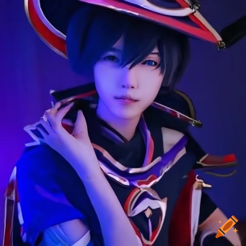 Cute male Asian cosplaying Scaramouche from Genshin Impact on Craiyon