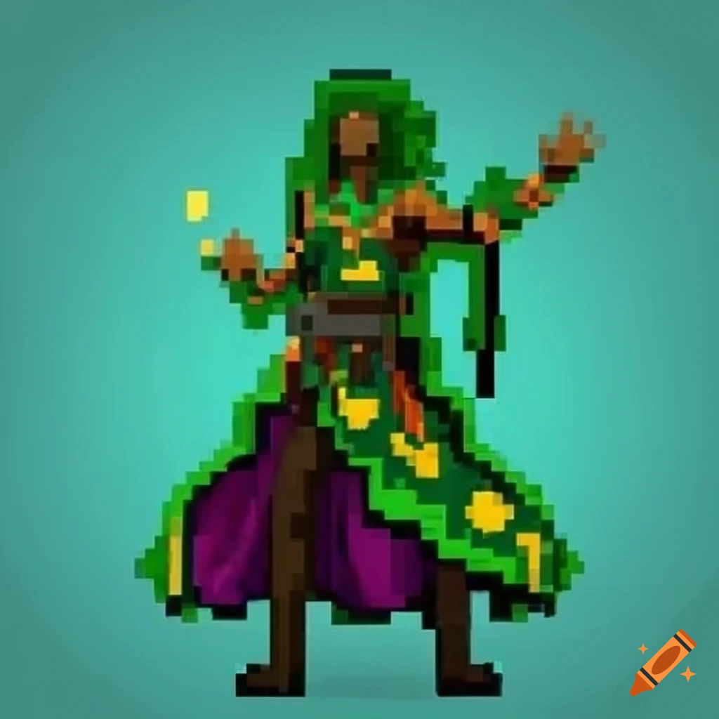 Pixel art of a green-haired mage from behind on Craiyon
