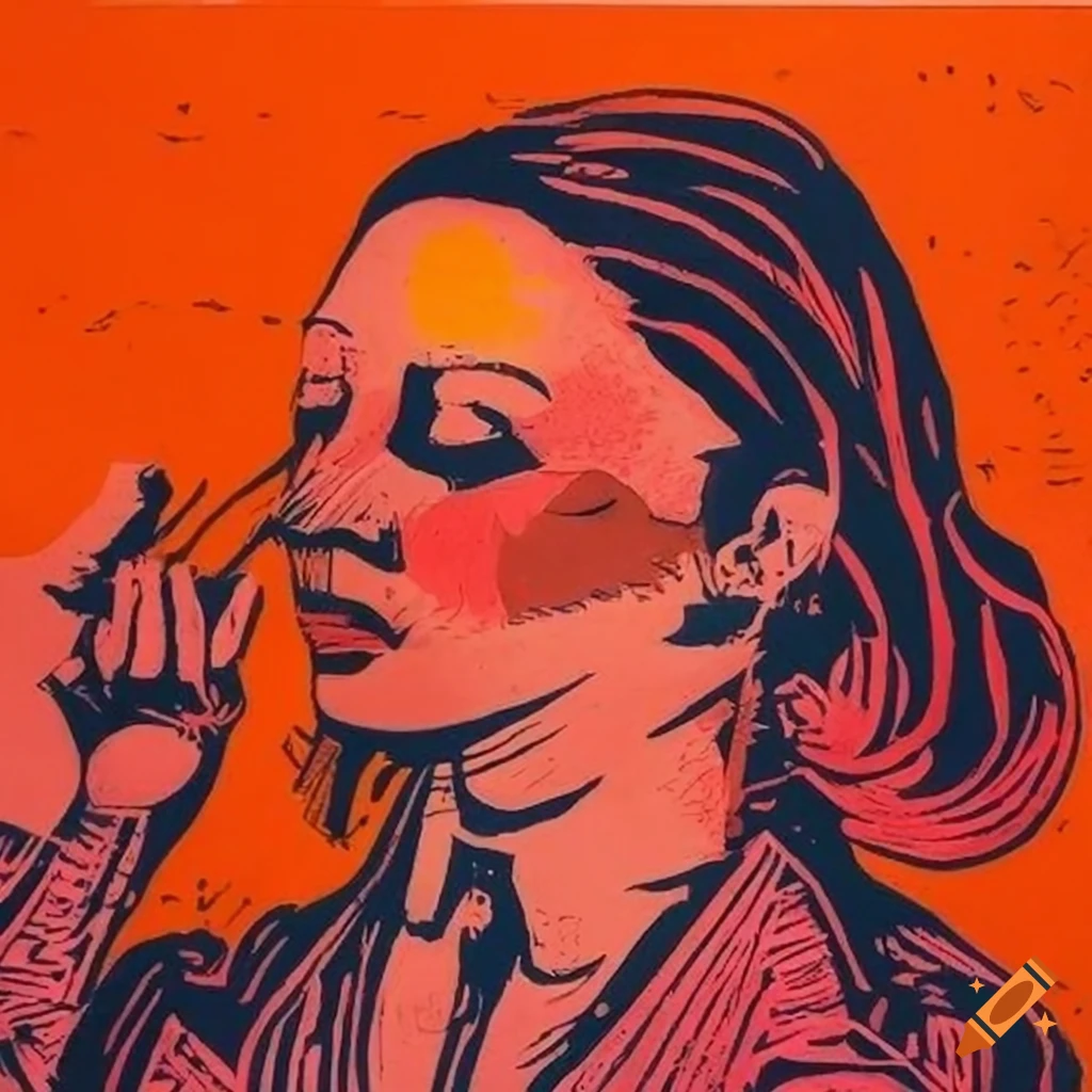 Colorful lino print style illustration of people in a workplace