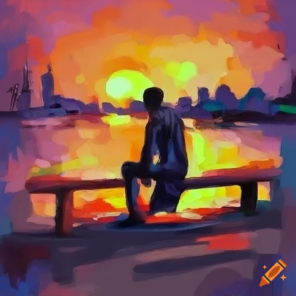 Colored sketch of a man sitting on a bridge at sunset on Craiyon