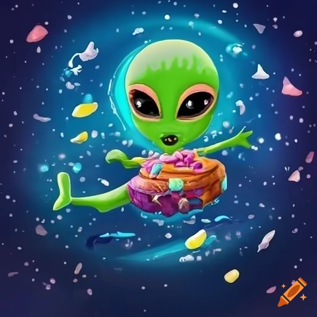 Colorful cartoon cover art with aliens, spaceship, and floating fruity ...