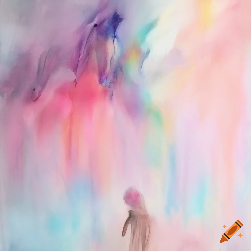 Abstract impressionist painting of cranes in the sky with light airy ...