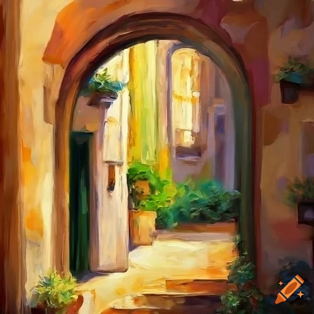Detailed oil painting of an Italian house courtyard on Craiyon