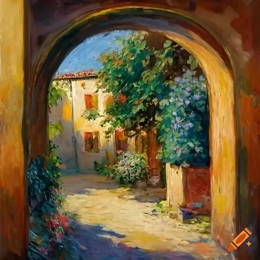 Impressionist painting of a charming Italian house with a courtyard on ...