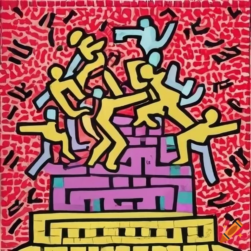 Mosaic artwork of a crowd of happy people in keith haring style