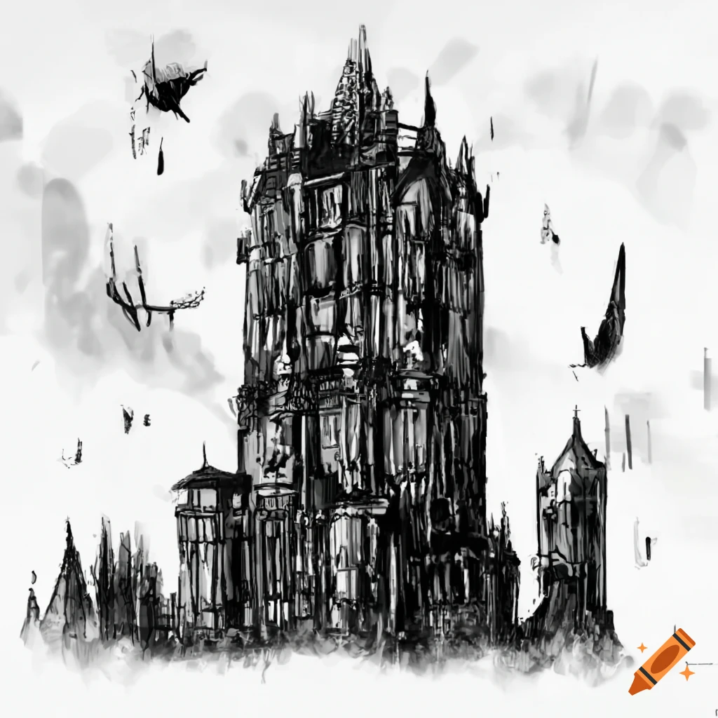 Ink artwork of a destroyed ancient city by the riverside on Craiyon