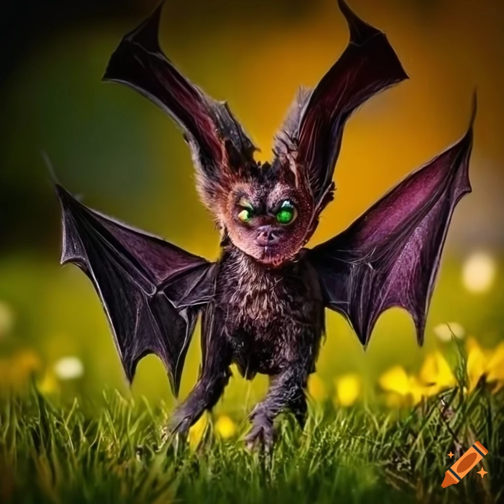 Fluffy dragon-halloween bat in a meadow of spring flowers on Craiyon
