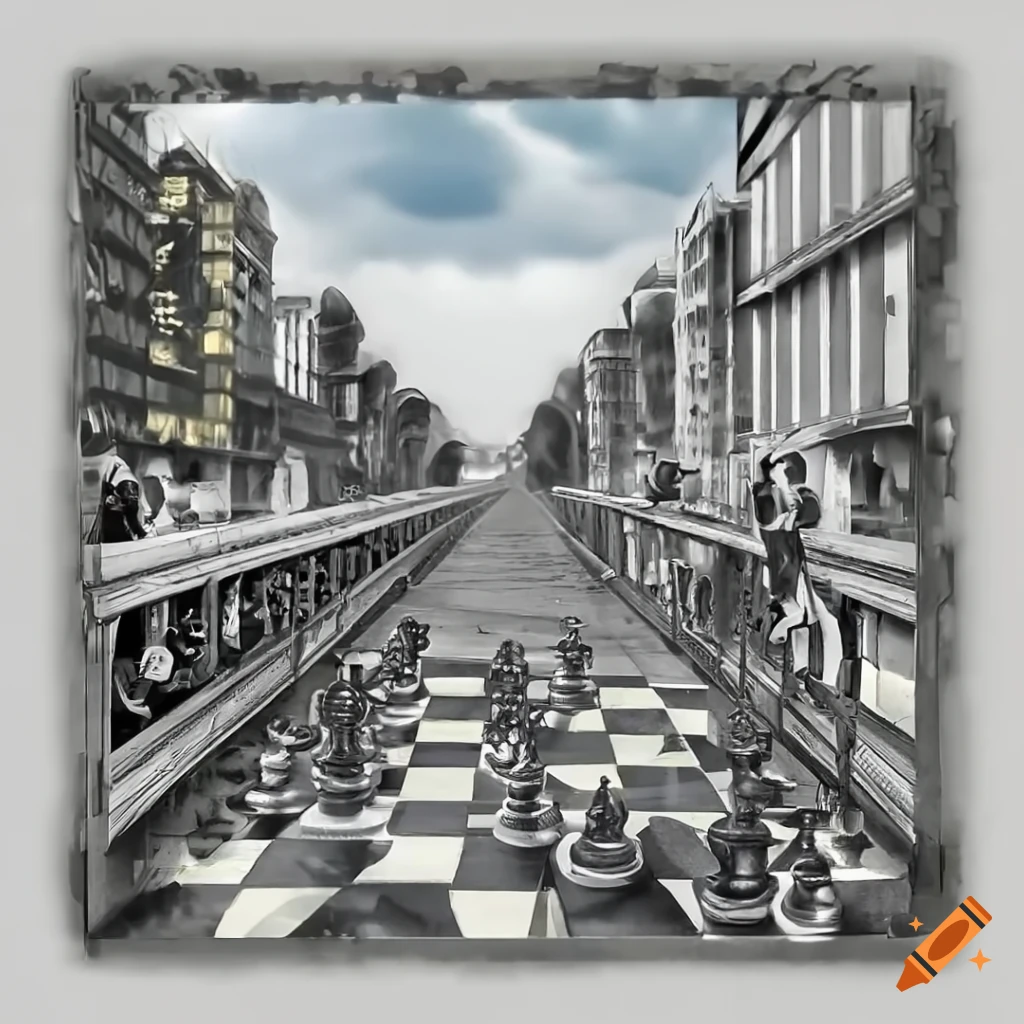 Artistic depiction of a bridge with chess-inspired houses on Craiyon