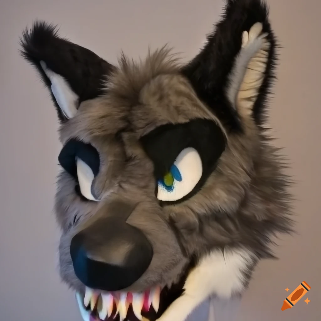 Side view of a realistic wolf fursuit head