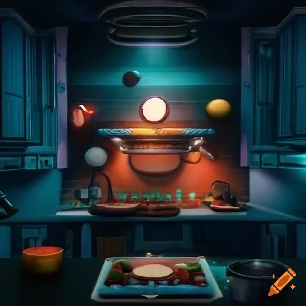 Underwater kitchen with planets and clocks on Craiyon