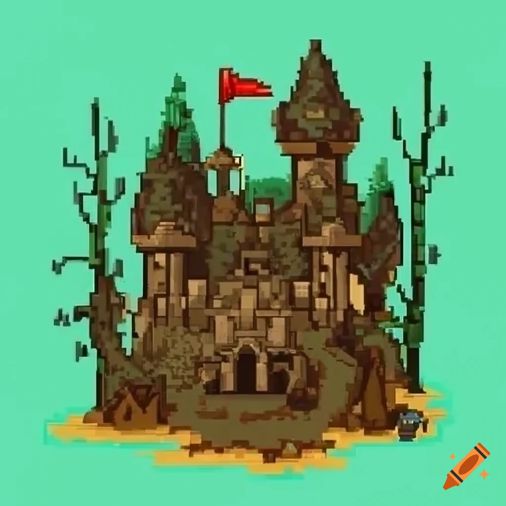Pixel art dungeon with forest, castle, dragon, and soldier on Craiyon