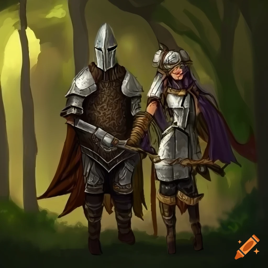 Illustration of an armored knight and mystical mage in a magical forest ...
