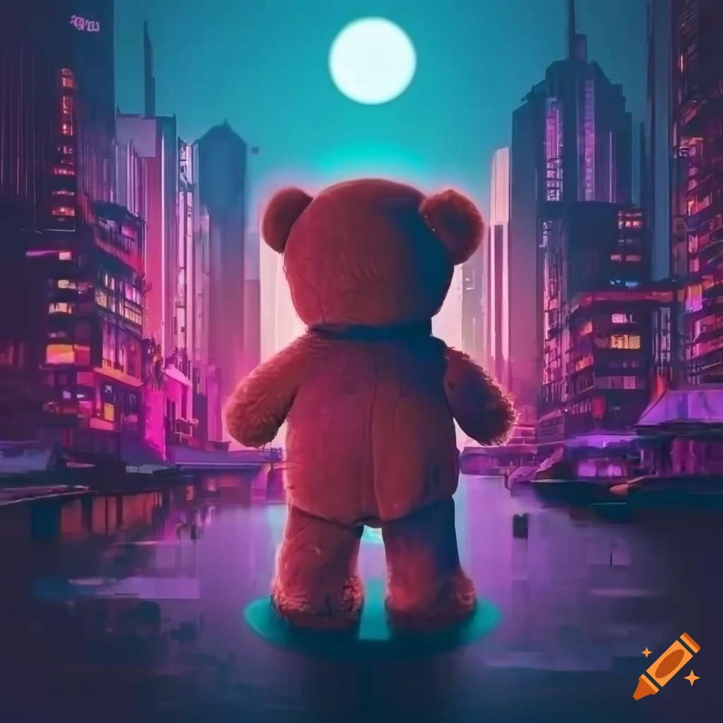 Cyberpunk teddy bear overlooking futuristic city at sunset on Craiyon