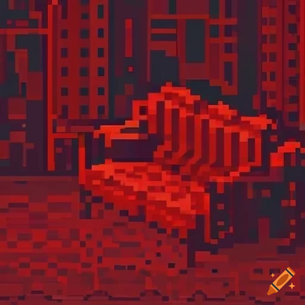 Pixel art of a wolf in black, orange, and blue colors on Craiyon
