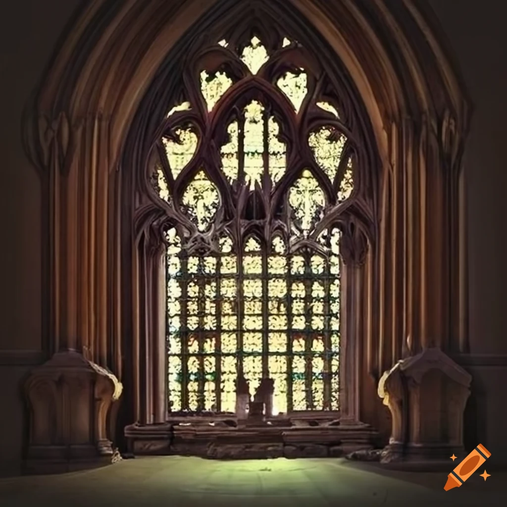 Gothic window with rococo pillars and pansy flower