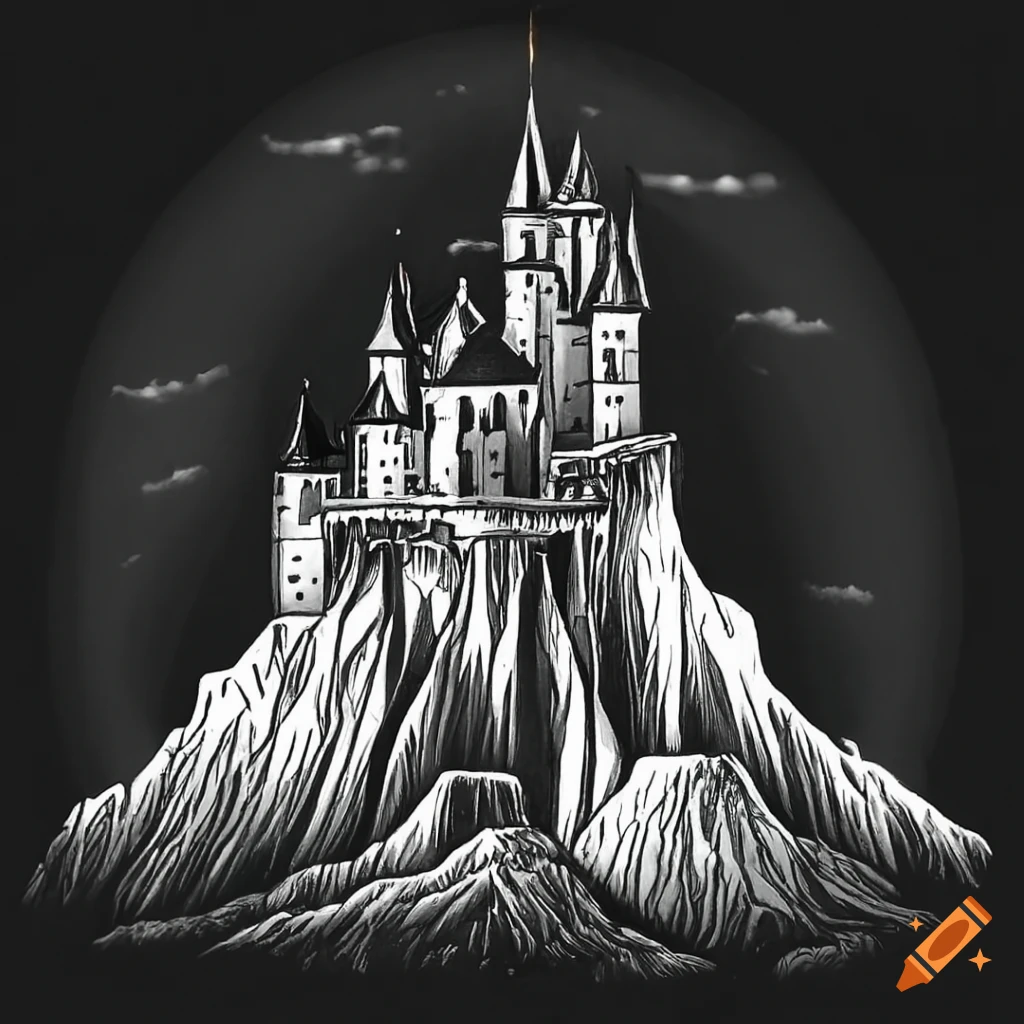 Black and white inkwork of a magical castle on a mountain
