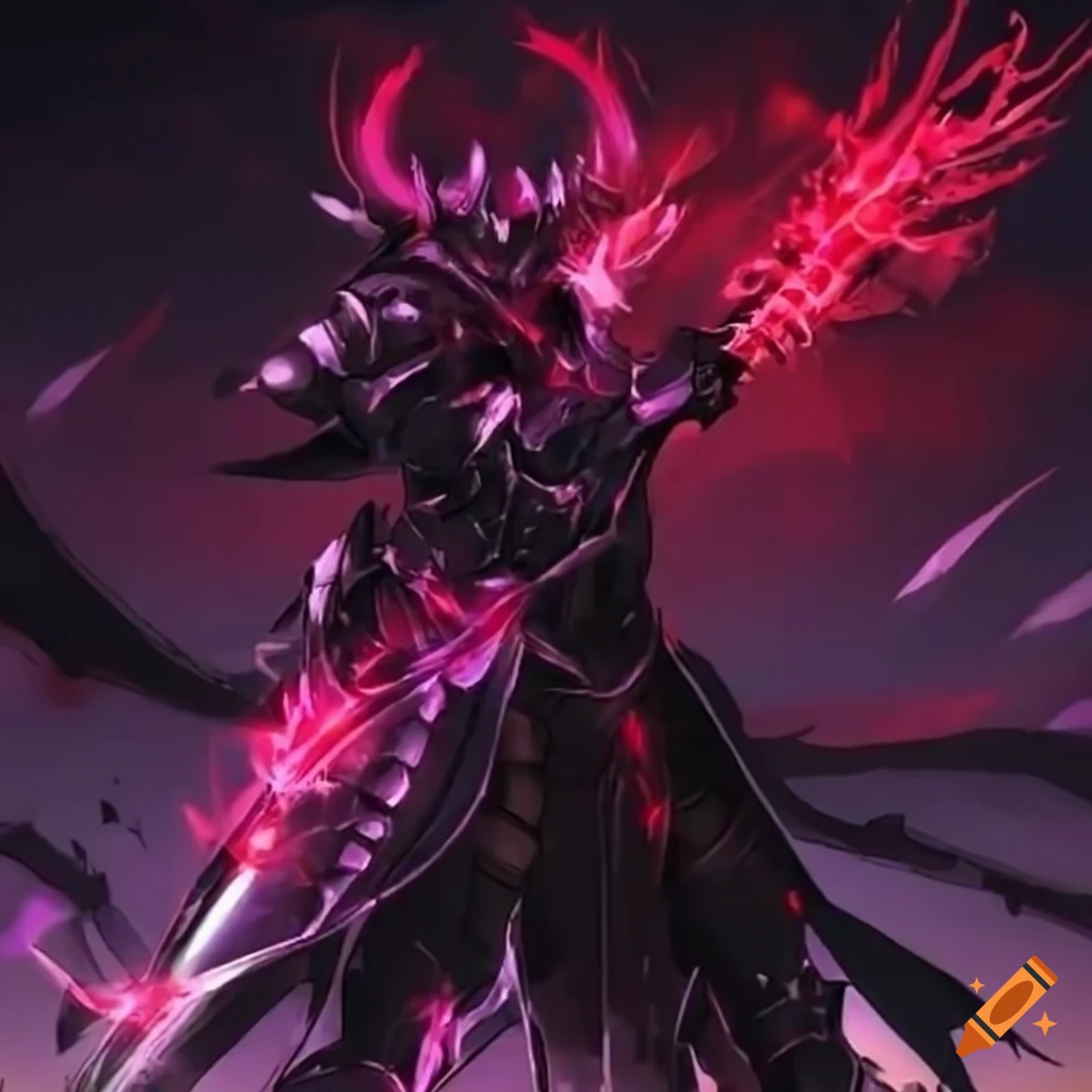 Anime-style depiction of a dark armored character exuding demonic ...