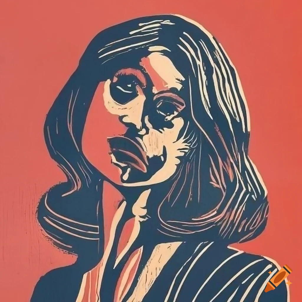 Colorful linocut illustration of people in a workplace on Craiyon