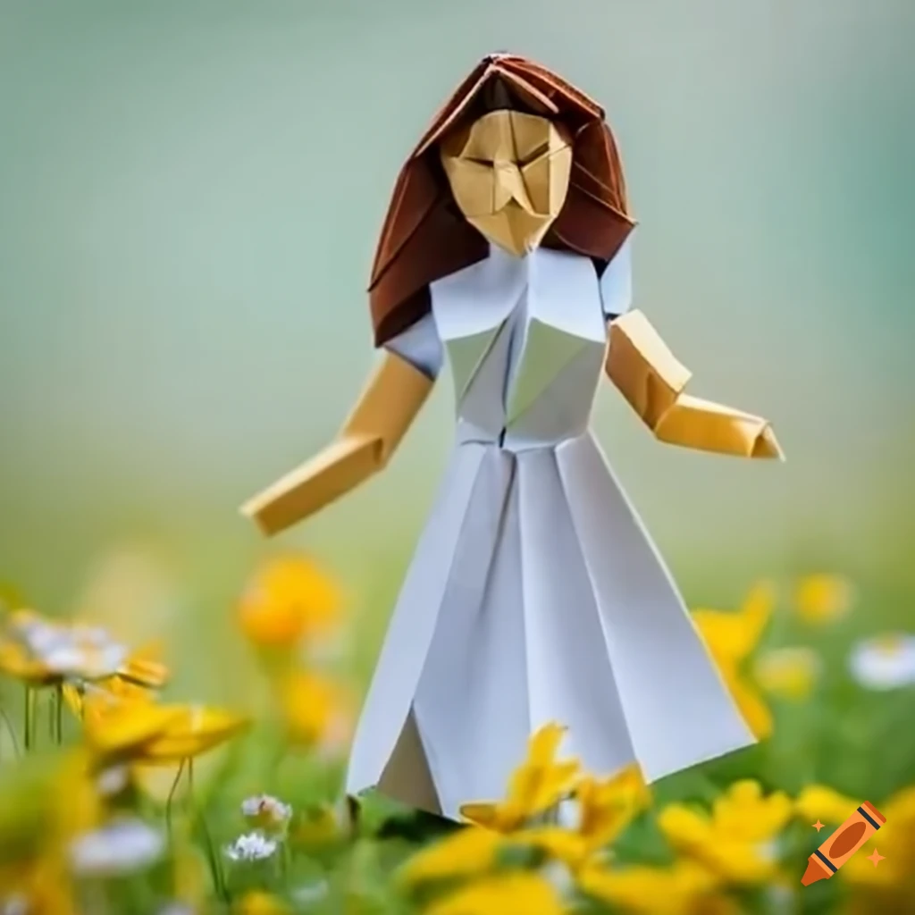 Origami figure of a woman in a flower field on Craiyon