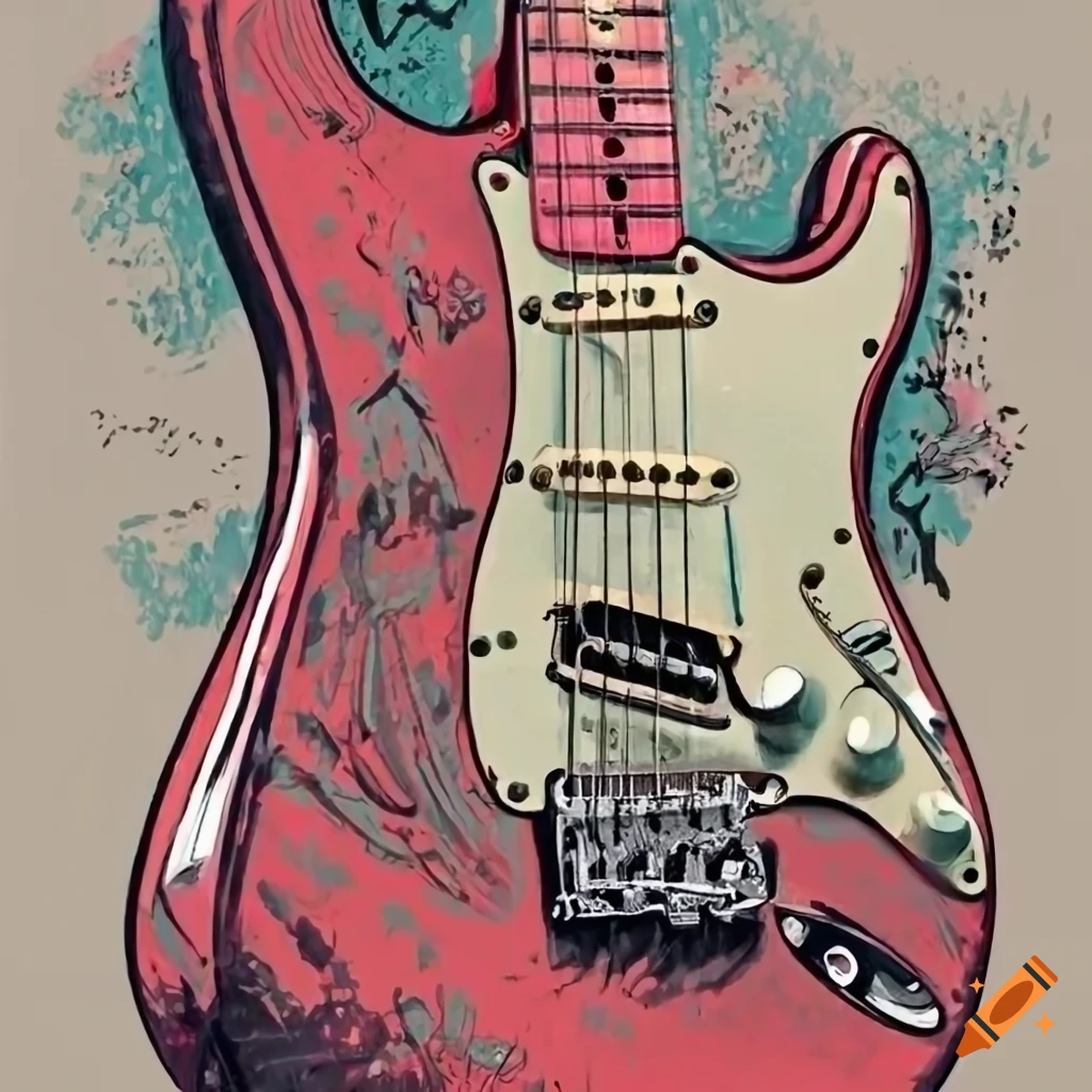 Ink illustration of a red 1954 fender stratocaster