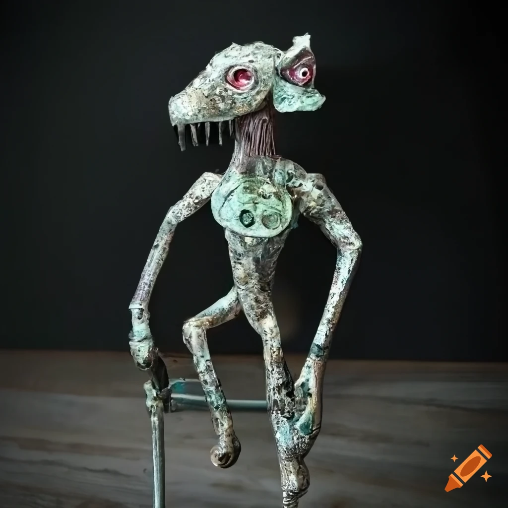 Sculpture of a dog alien hybrid made from recycled materials on Craiyon