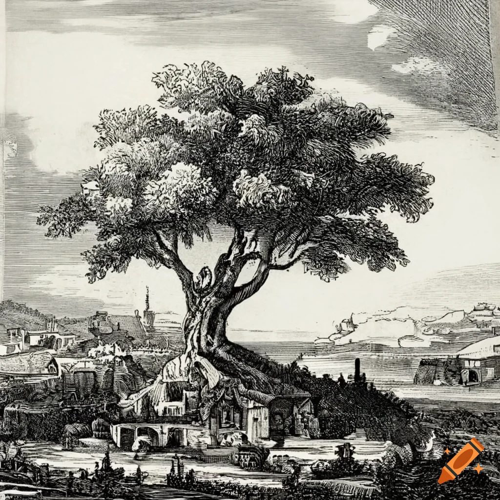 Intricate ancient etchings of the tree of life in monochrome woodcut ...