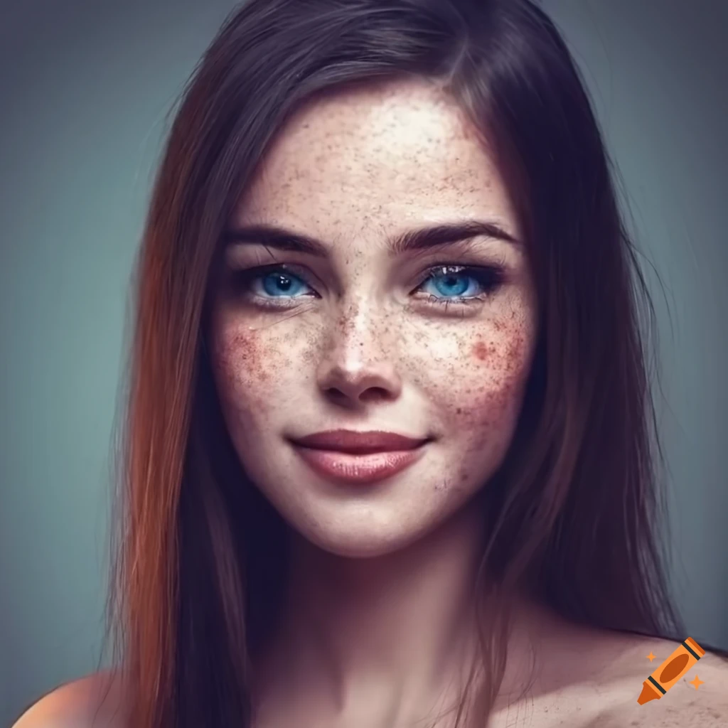 Close-up portrait of a beautiful woman with freckles and dark brown ...