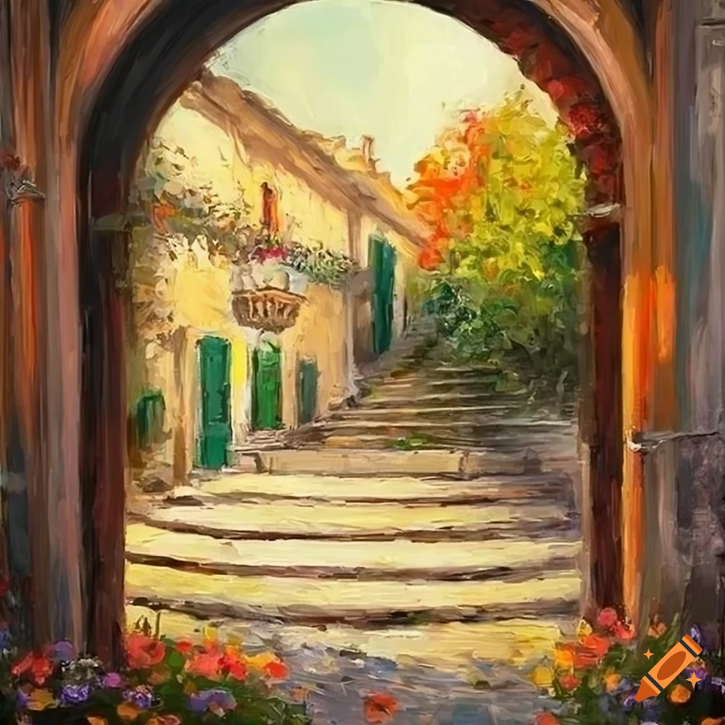 Oil painting of a beautiful italian courtyard