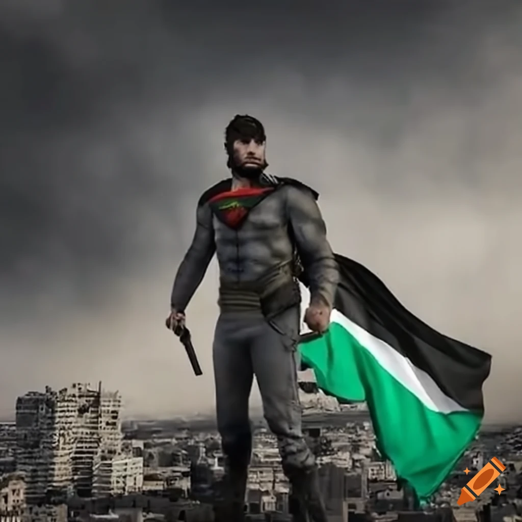 Superhero destroying a city with palestinian flag colors on Craiyon