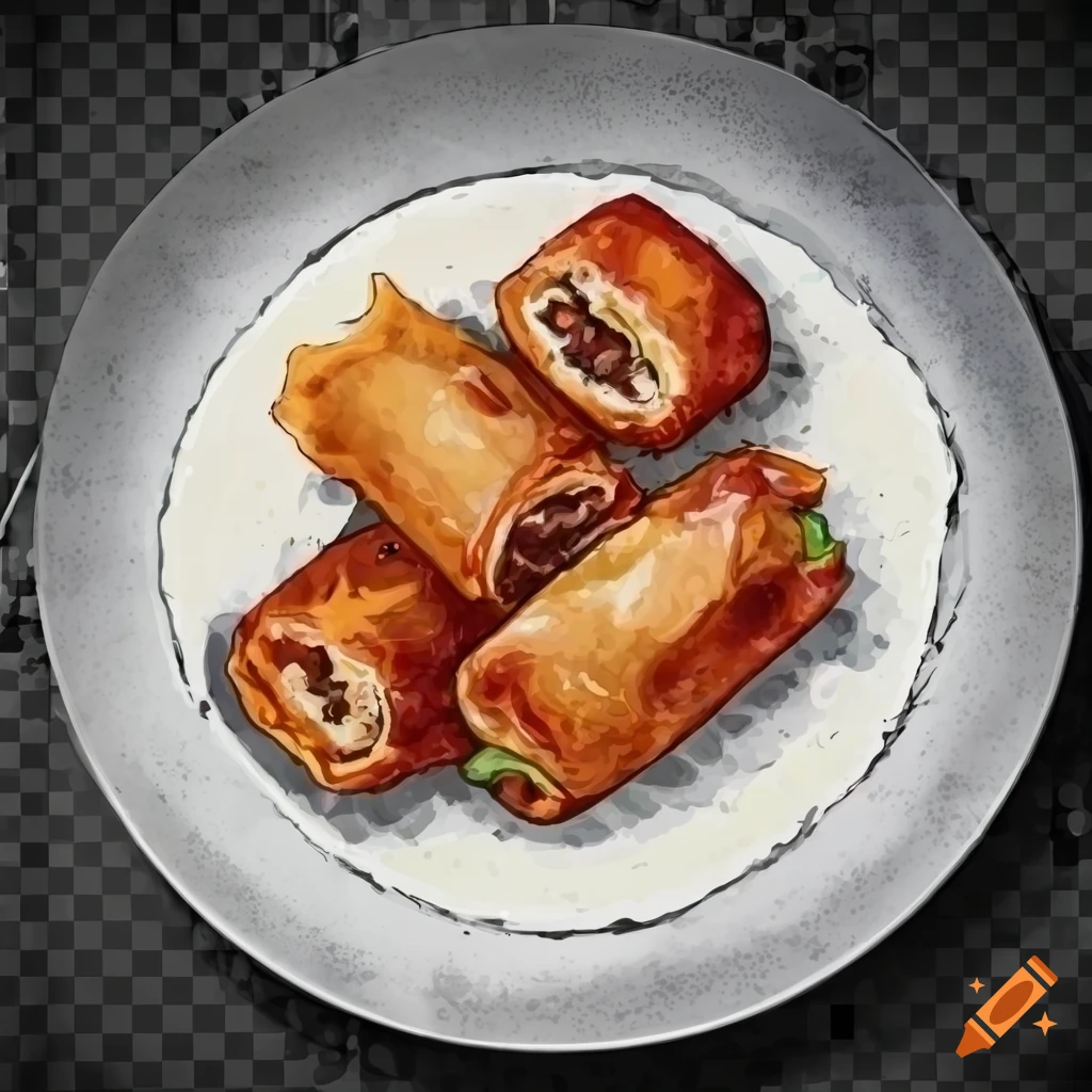 Watercolor drawing of meat rolls in a vintage plate on Craiyon