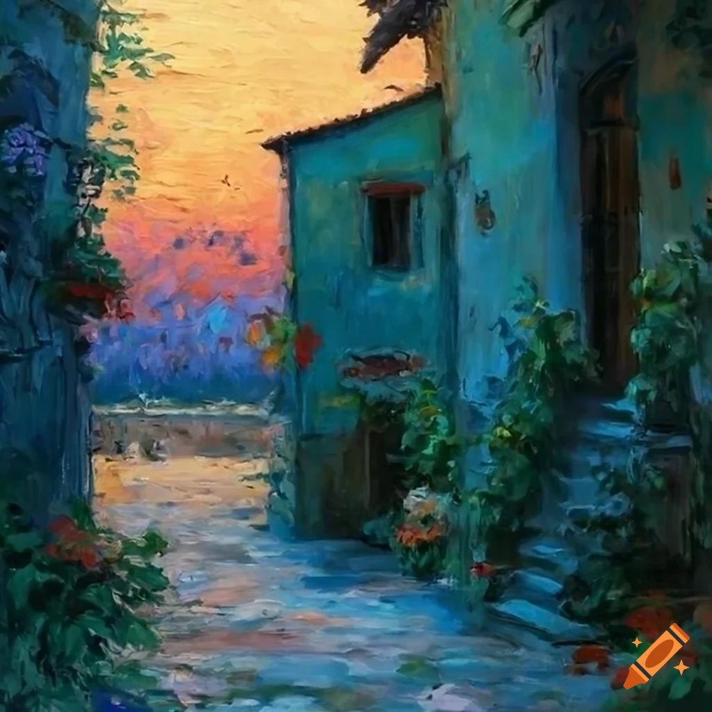 Impressionist painting of a charming italian house with a courtyard on ...