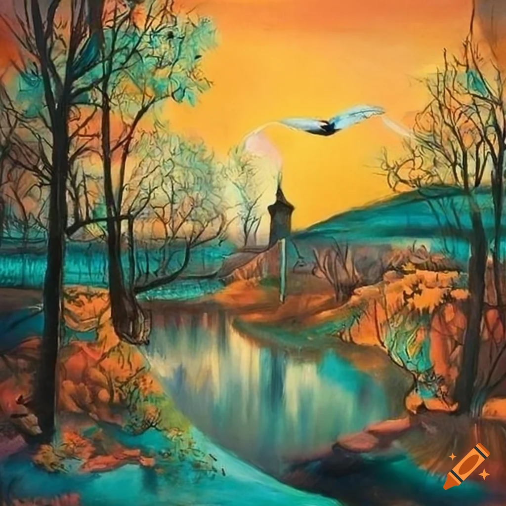 Beautiful stork in a chinese landscape acrylic painting on Craiyon