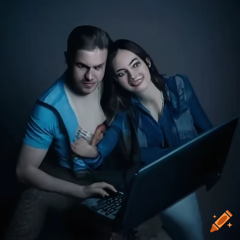 Cinematic photo of two people enjoying drinks while using a computer on ...
