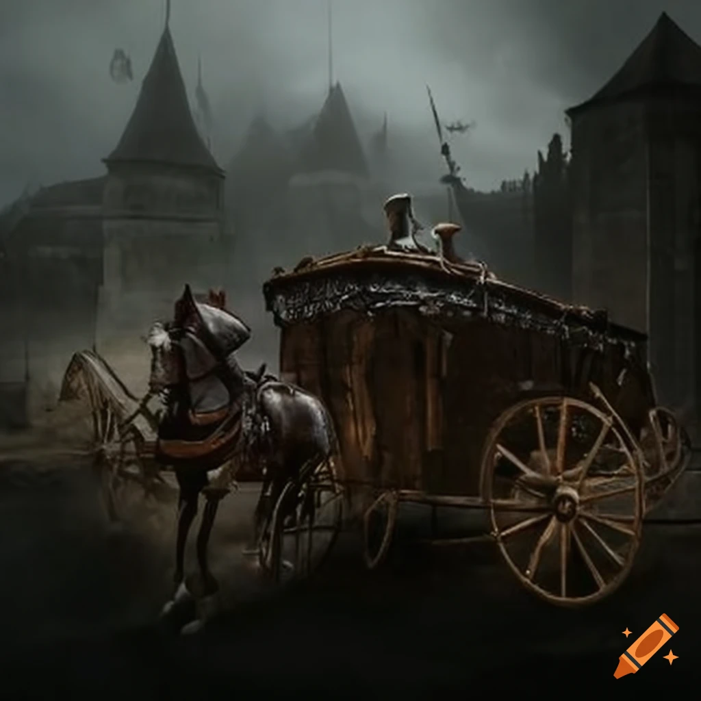 Medieval carriage rushing through a desolate landscape on Craiyon