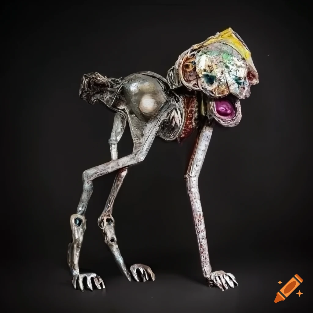 Sculpture of a dog alien hybrid made from recycled objects on Craiyon