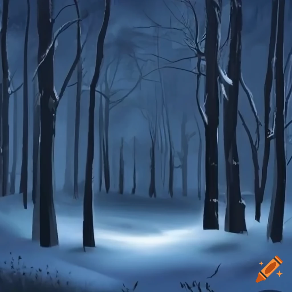 Nighttime view of a snowy forest